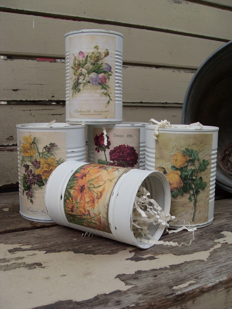 White shabby chic repurposed tin can with floral label | Etsy