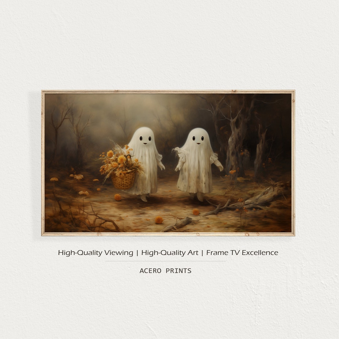 Halloween Frame TV Art, Cute Ghosts and Autumn Fall Wildflowers Basket ...