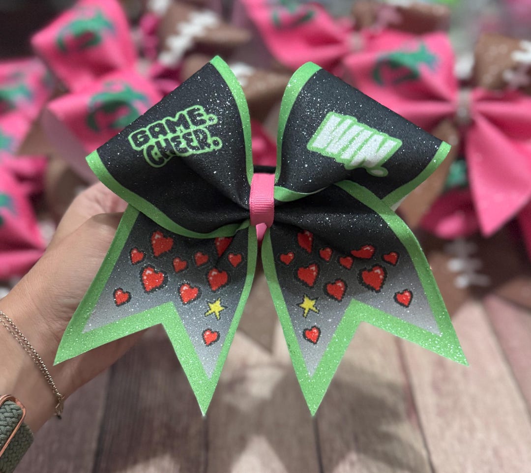 Gamer Cheer Bow – Video Game Cheerleading Bow – Pixel Hearts Glitter ...
