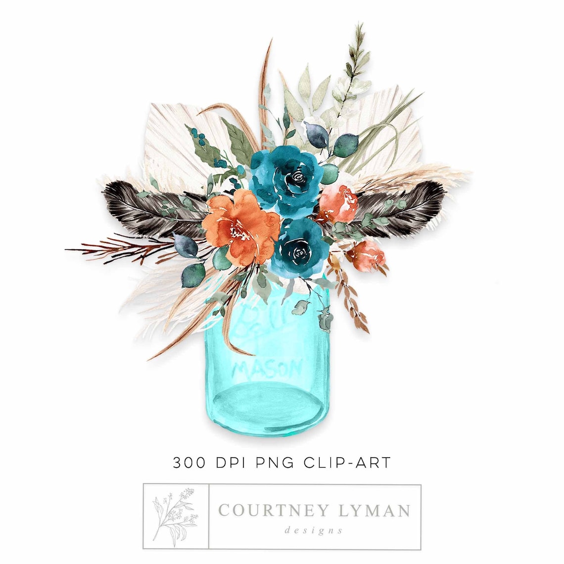 Floral Mason Jar Clip-art Boho Bouquet Graphic Ball Jar Boho - Etsy
