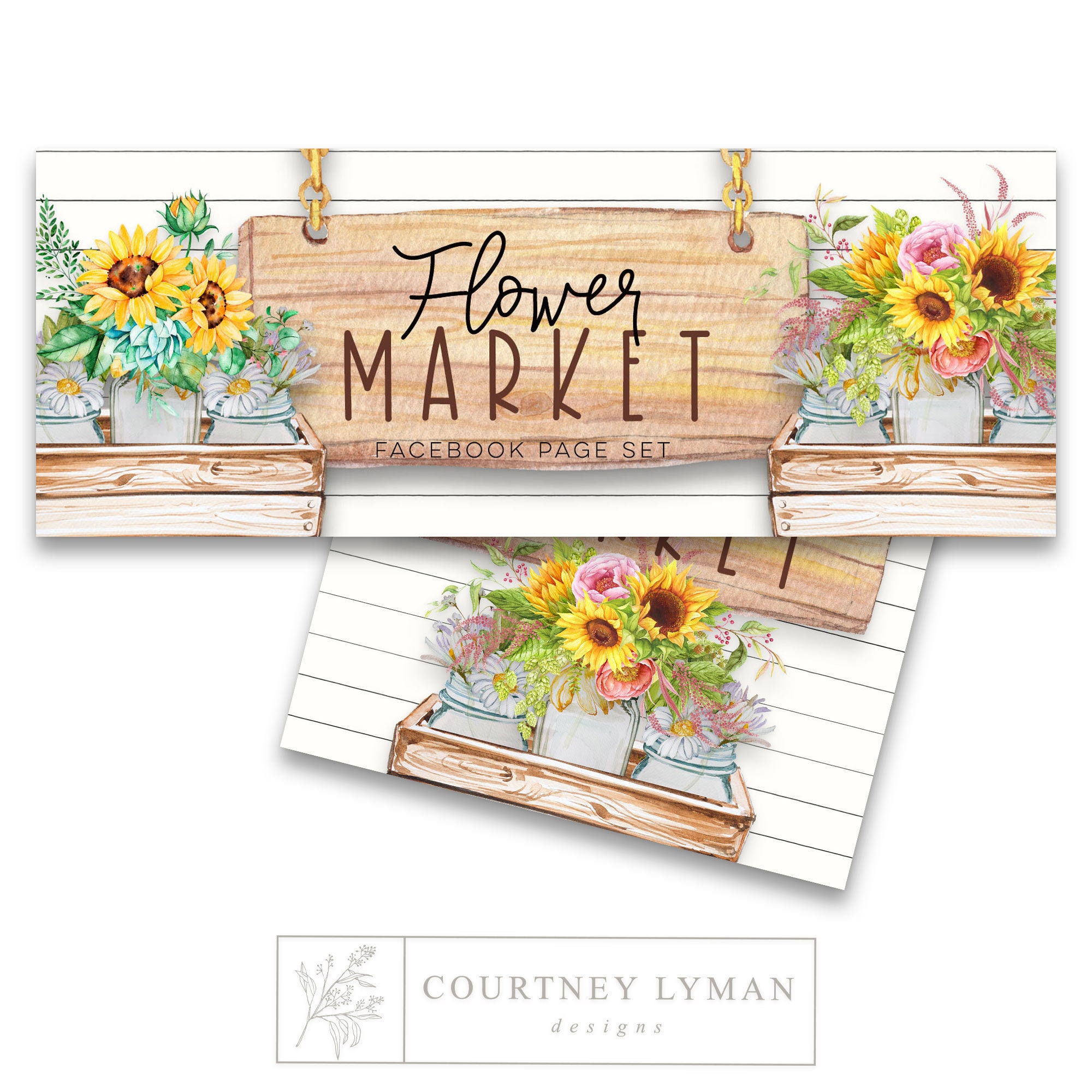 Floral Farmhouse Facebook Page Set: Sunflower Rustic Banner (blank ...