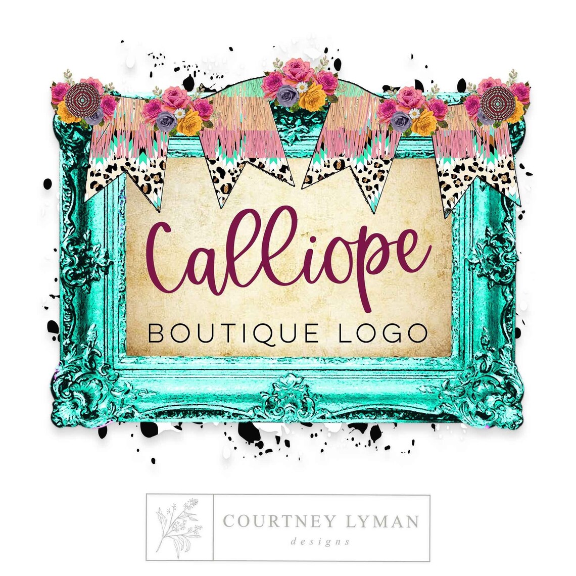 Rustic Boutique Logo: Blank Western Cowhide & Floral Banner Frame Logo ...