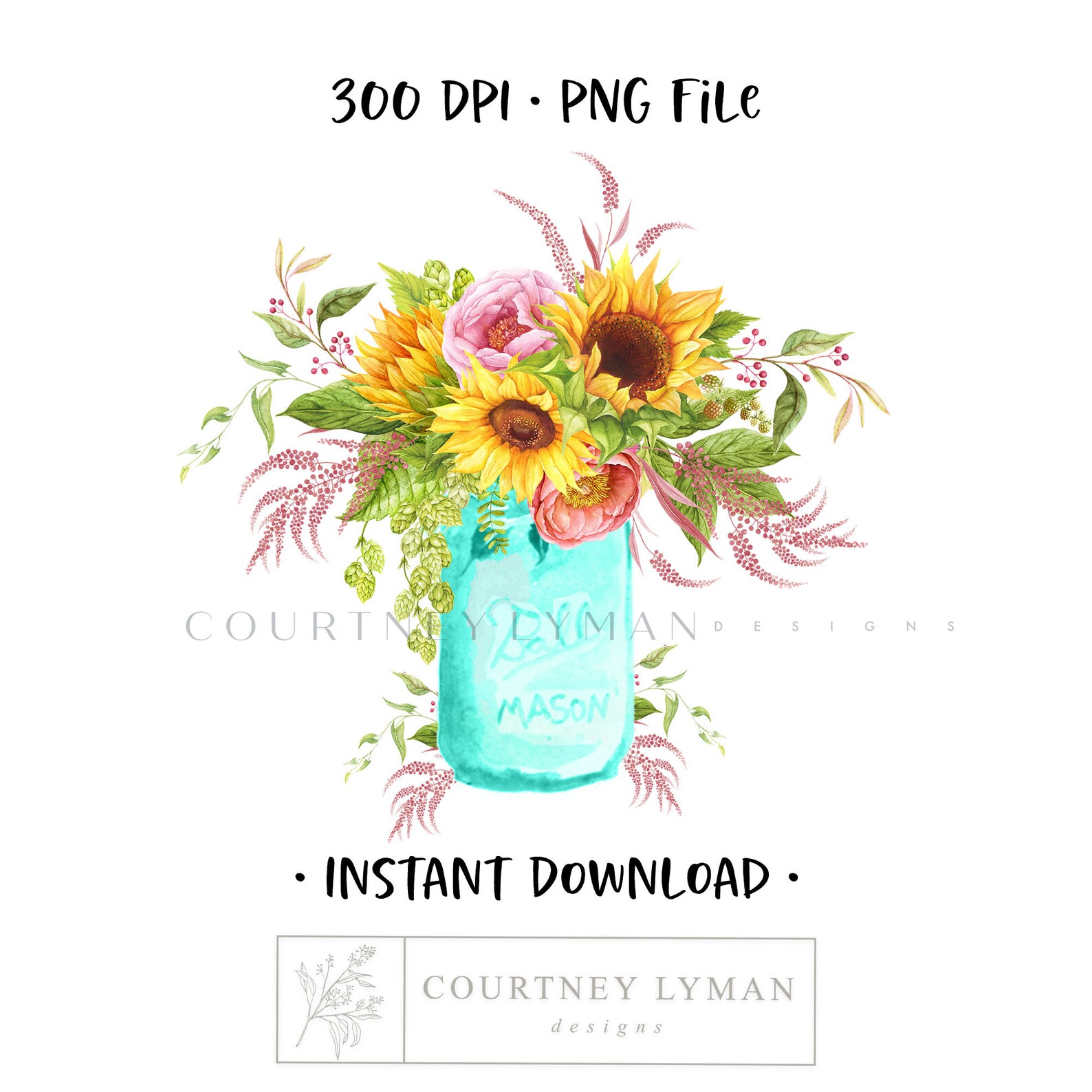 Sunflower Bouquet Mason Jar Clip-art: Rustic Wedding Graphic (PNG ...