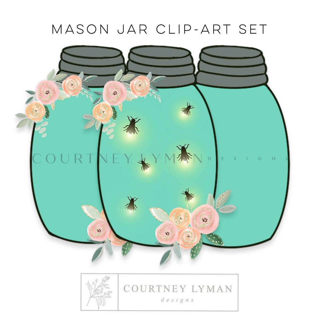 Floral Mason Jar Clipart Set: Rustic Fireflies and Bouquets (PNG ...