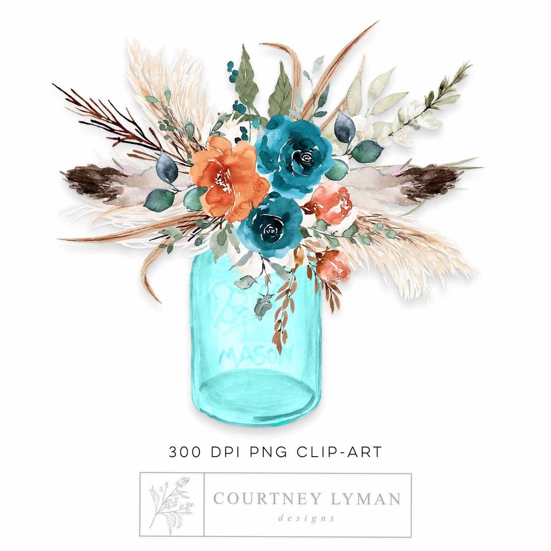Floral Mason Jar Clip-art: Boho Flower Bouquet (PNG) - Etsy