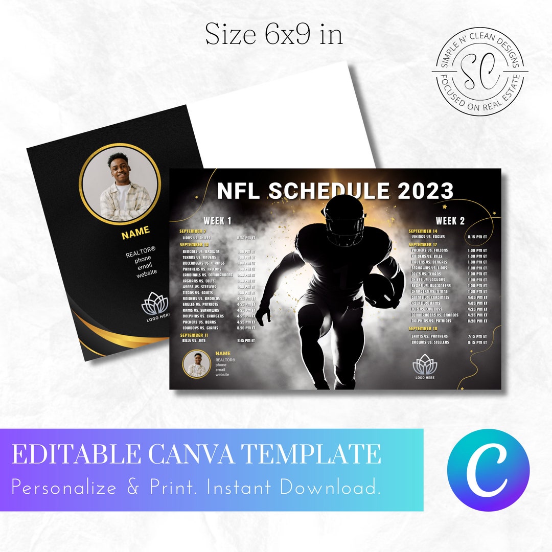 Football NFL Schedule Week 1 to Week 2 Mailing Postcard 6x9in 2 Sided ...