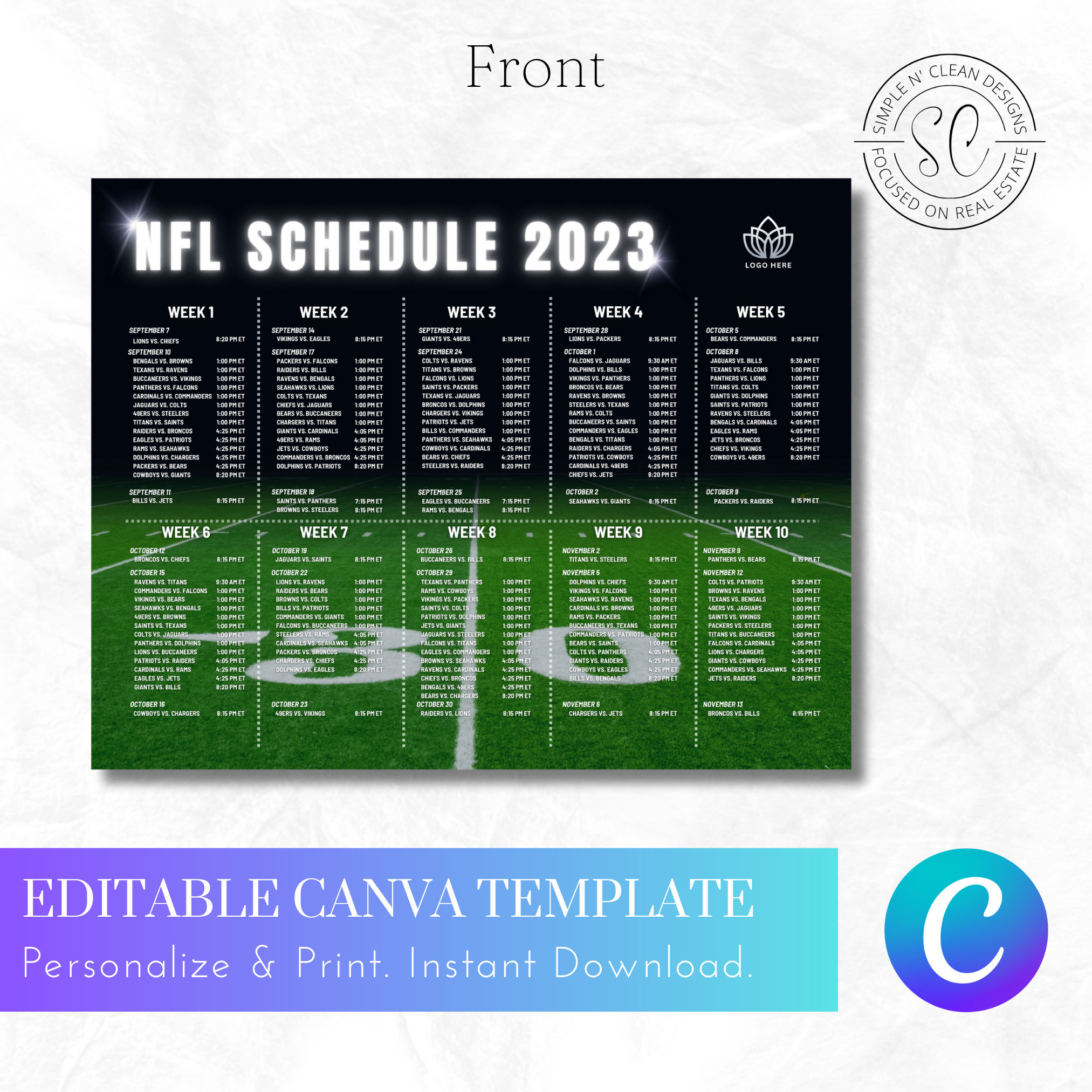 Football Schedule Mailing Postcard 8.5x11 in 2 Sided Instant Download ...