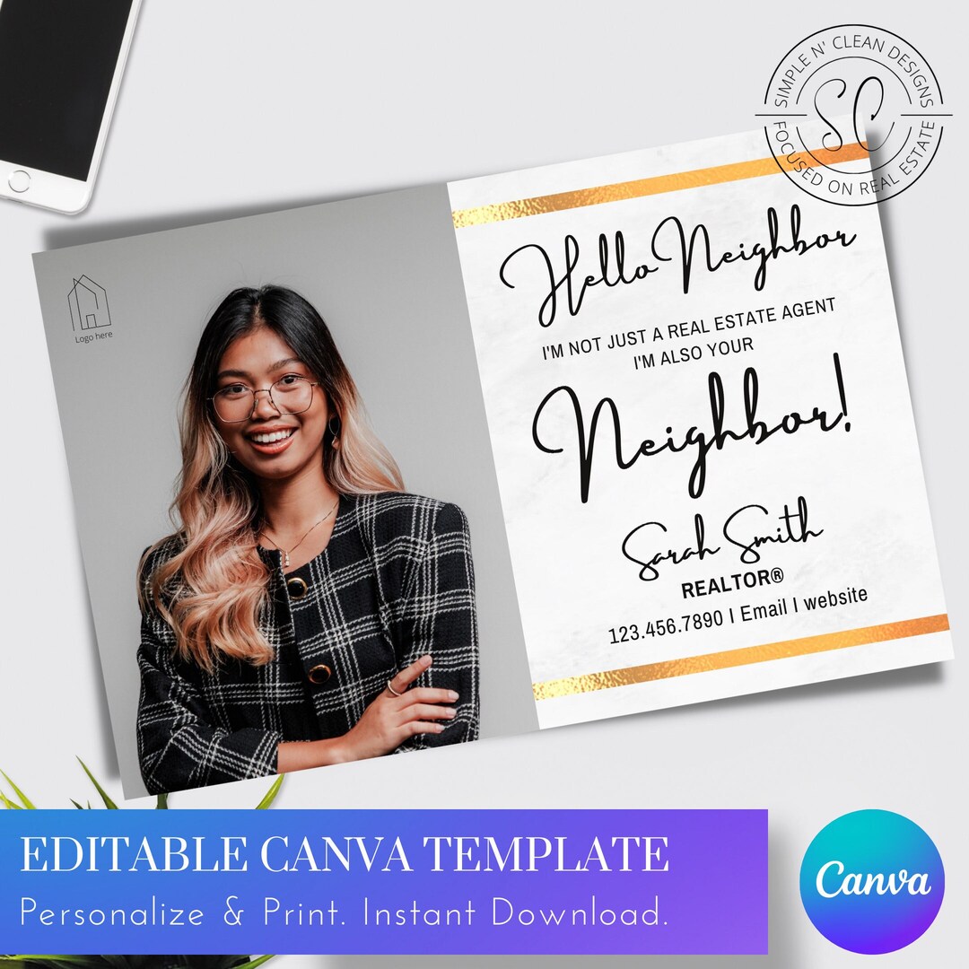 Hello Neighbor, Elegant 2 Sided Real Estate Postcard 8.5x5.5in Instant ...