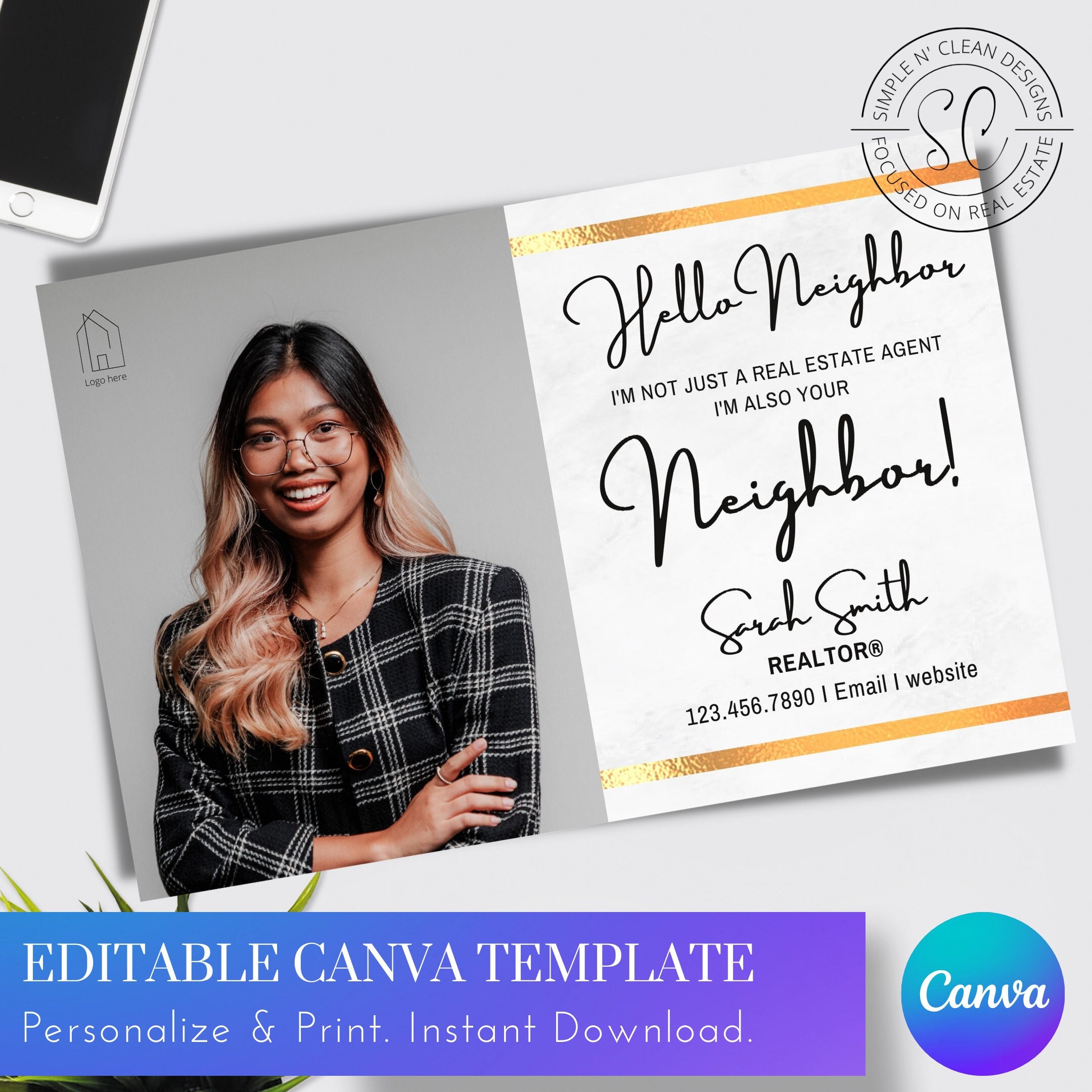 Hello Neighbor, Elegant 2 Sided Real Estate Postcard 8.5x5.5in Instant ...