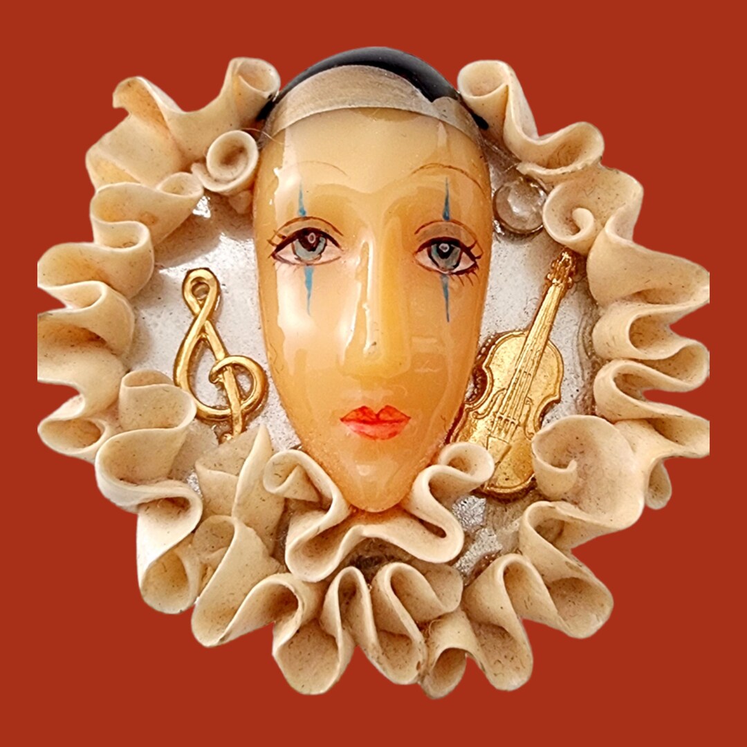 Vtg 80s Japanese Pierrot the Clown Beautiful Resin Face Lucite Brooch W ...