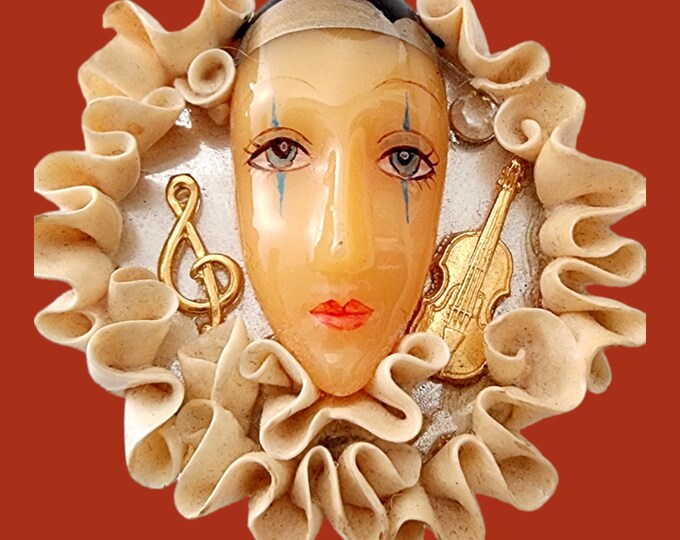 Vtg 80s Japanese Pierrot the Clown Beautiful Resin Face Lucite Brooch W ...