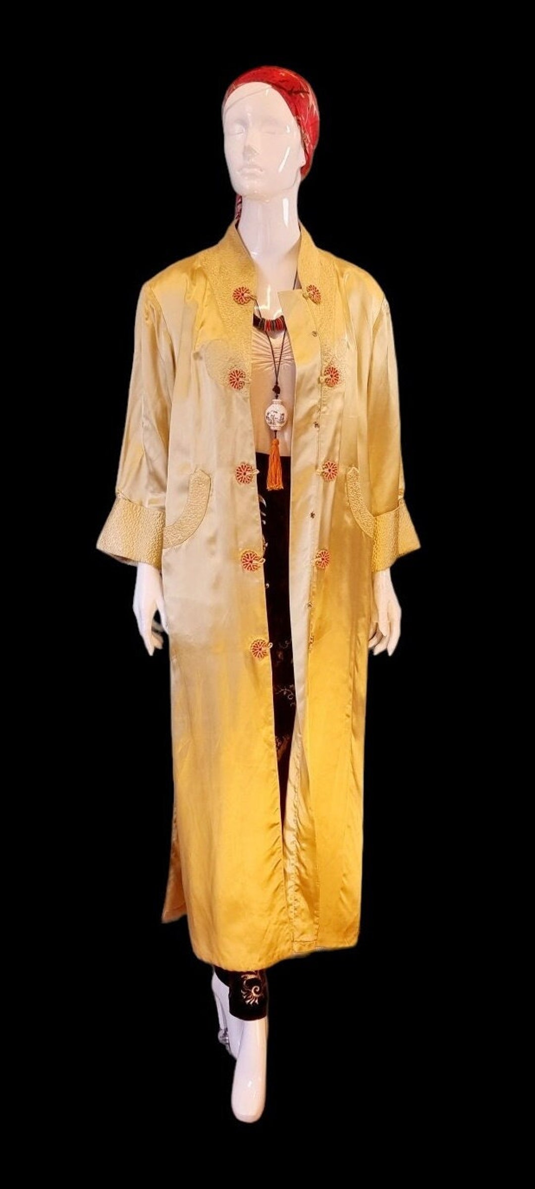 Vtg 60's Chinese Satin Long Gold Coat Robe W Red Frogged Fastenings ...