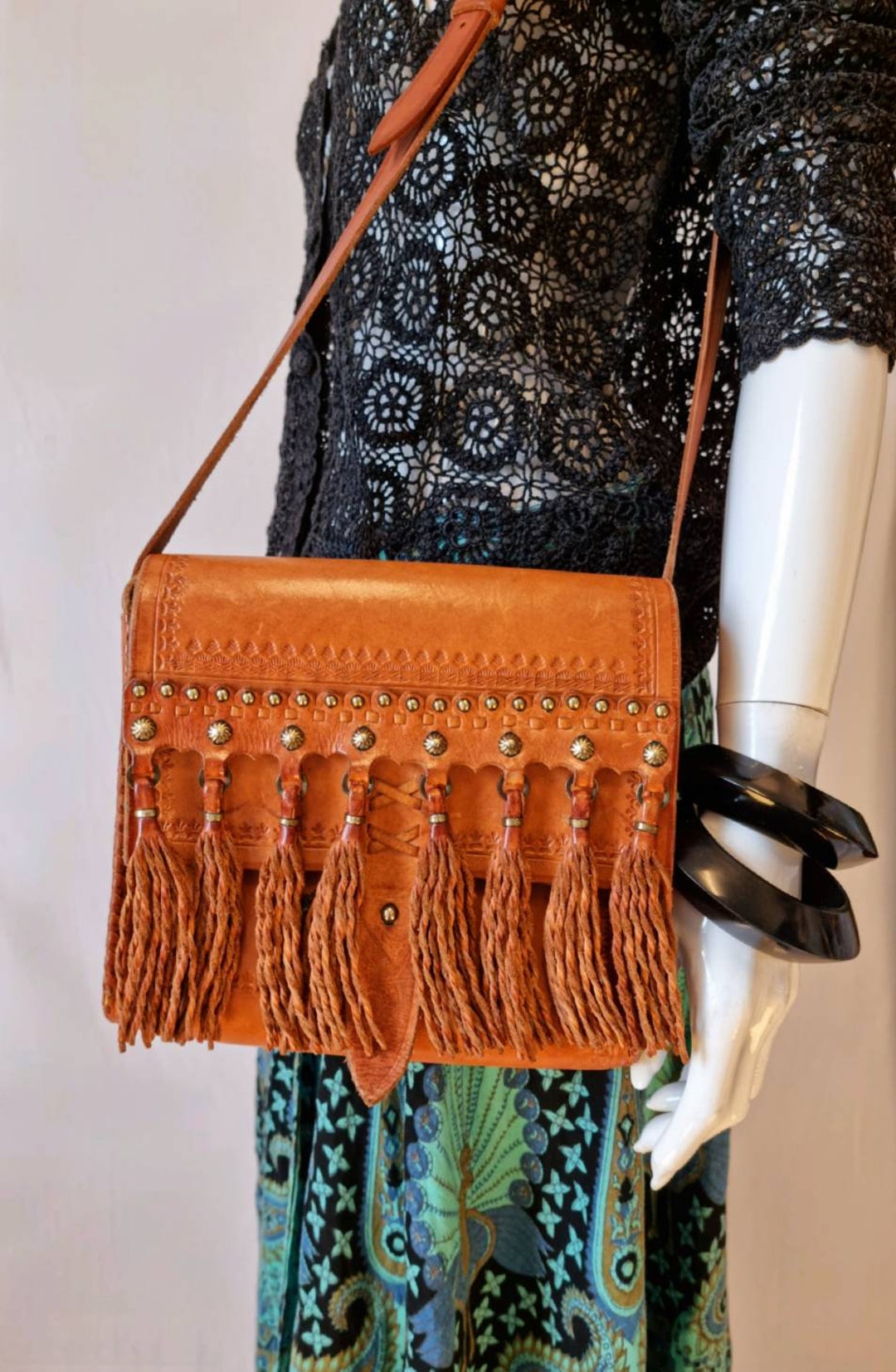 Vtg 70s Polish Folk Tan Leather Hand Tooled Embossed Shoulder or ...