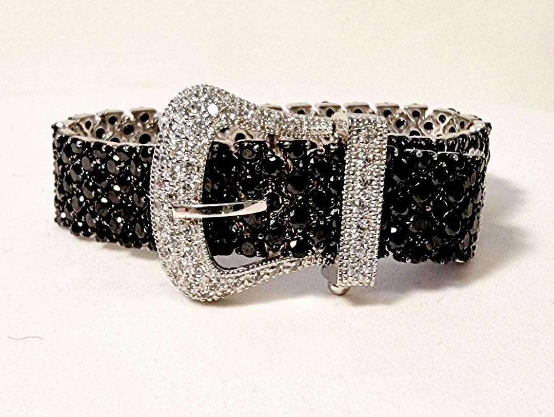 Vtg 90s Art Deco Style Belt Buckle Bracelet in Sterling Silver W Clear ...