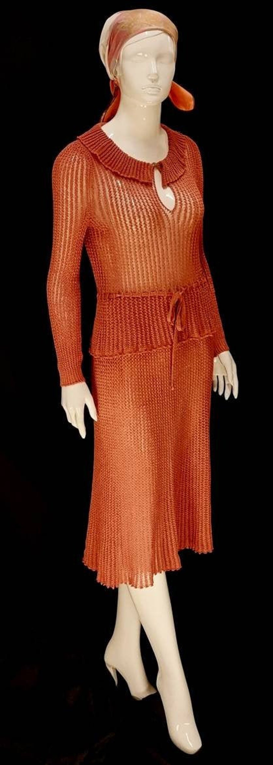 Vtg 70s Mary Farrin London Guava Pink Hand Knit 2 Piece Top & Midi ...