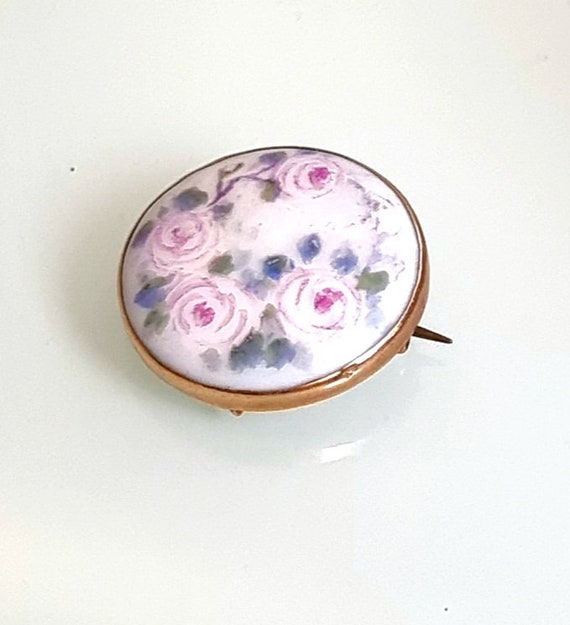 Antique Victorian 9ct Gold Set Hand Painted Rose Flor… - Gem