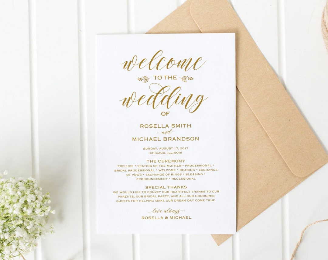 Gold Wedding Program Template, Wedding Ceremony Program, Wedding ...