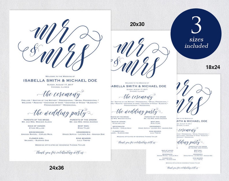 Navy Blue Wedding Ceremony Program Sign Template: Printable | Etsy