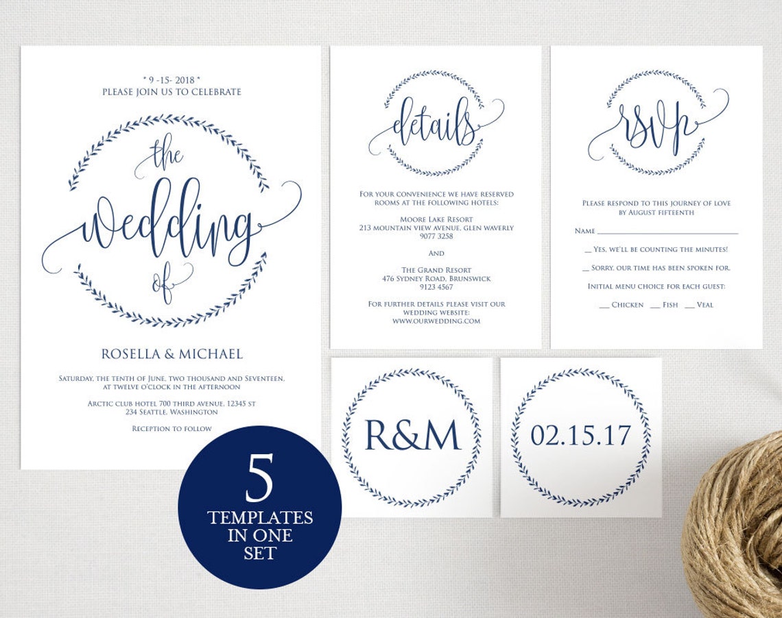 Navy Blue Wedding Invitation Template Wedding Invitation - Etsy