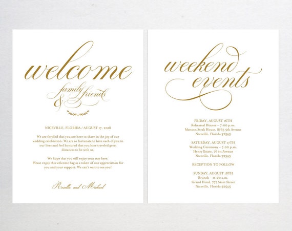 Agenda Welcome Note Gold Wedding Welcome Bag Note Wedding Itinerary 