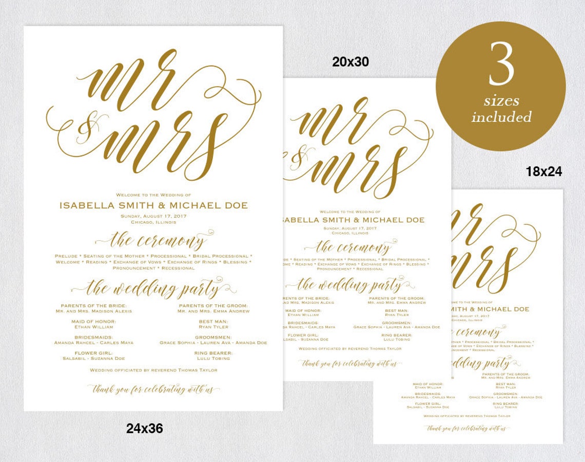 Gold Wedding Ceremony Program Sign Template: Printable Welcome - Etsy