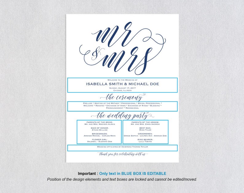 Navy Blue Wedding Ceremony Program Sign Template: Printable | Etsy