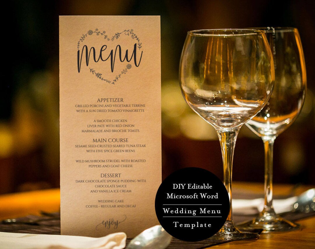 Editable Wedding Menu DIY Dinner Menu 3.5x9 Menu Template - Etsy