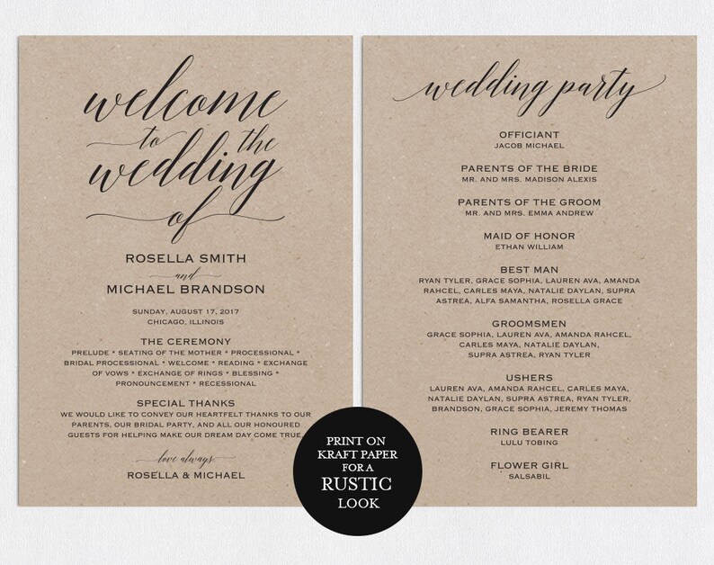 Wedding Program Template Rustic Wedding Ceremony Program - Etsy
