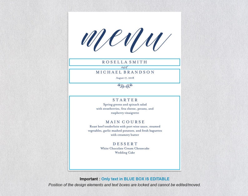 Navy Blue Wedding Menu Template Wedding Dinner Menu Wedding | Etsy