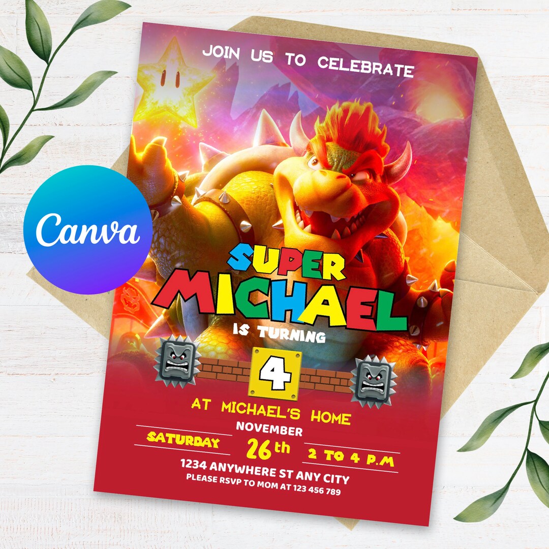Bowser Birthday Invitation, Editable Bowser Birthday Party Invitation ...