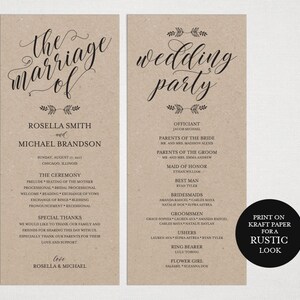 Rustic Wedding Program Template, Wedding Ceremony Program, Printable Programs, Kraft Wedding ...