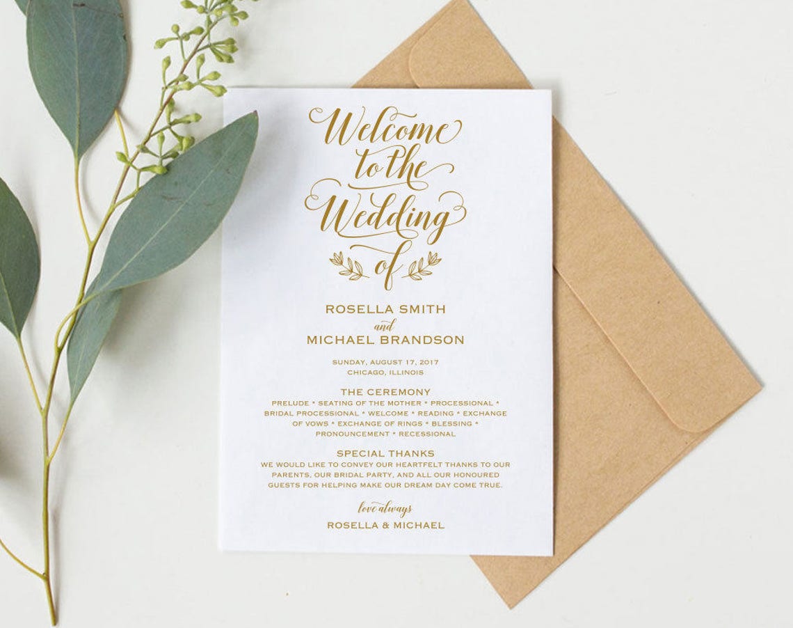 Gold Wedding Program Template Rustic Wedding Ceremony - Etsy