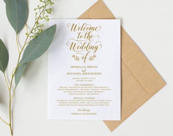 Gold Wedding Program Template Rustic Wedding Ceremony | Etsy