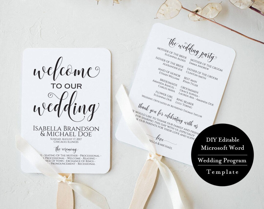 Wedding Program Fan, Wedding Program Fan Template, Rustic Wedding ...