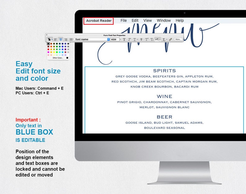 Navy Blue Bar Menu Templatebar Menubar Menu Printablebar - Etsy