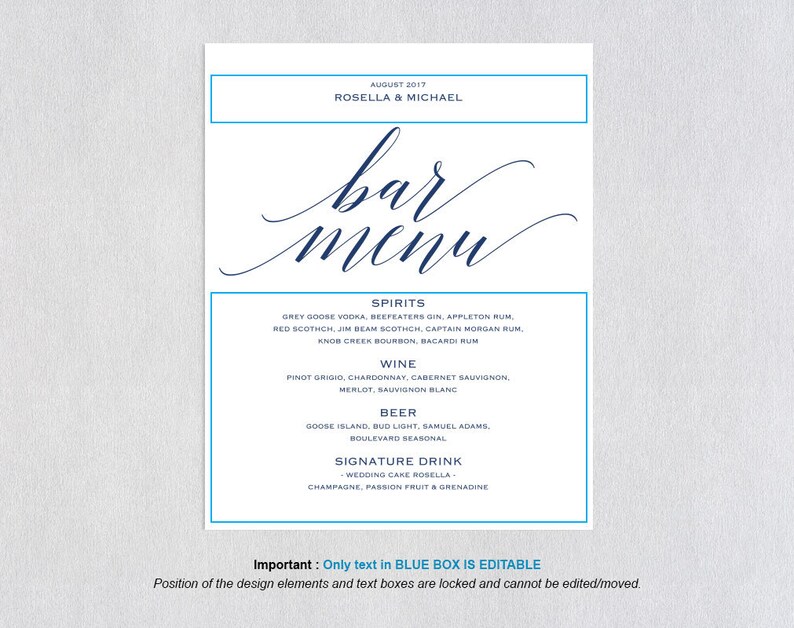 Navy Blue Bar Menu Template Bar Menu Bar Menu Printablebar - Etsy