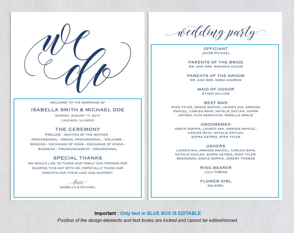 Navy Blue Wedding Program Template Wedding Ceremony Program | Etsy