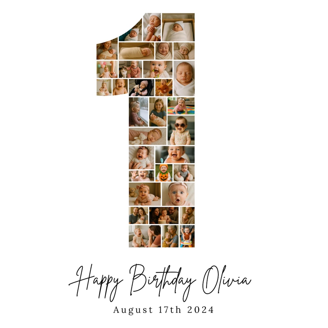 1st Birthday Photo Collage Template, Number 1 Canva Poster, Editable ...