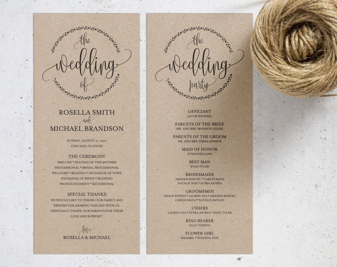 Rustic Wedding Program Template, Wedding Ceremony Program, Printable ...