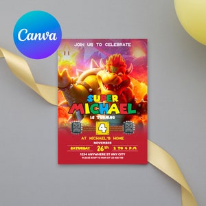 Bowser Birthday Invitation, Editable Bowser Birthday Party Invitation ...