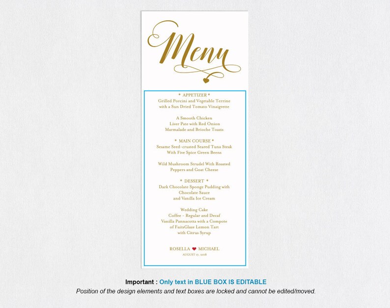 Gold Printable Menu Card Template Editable Text Instant - Etsy