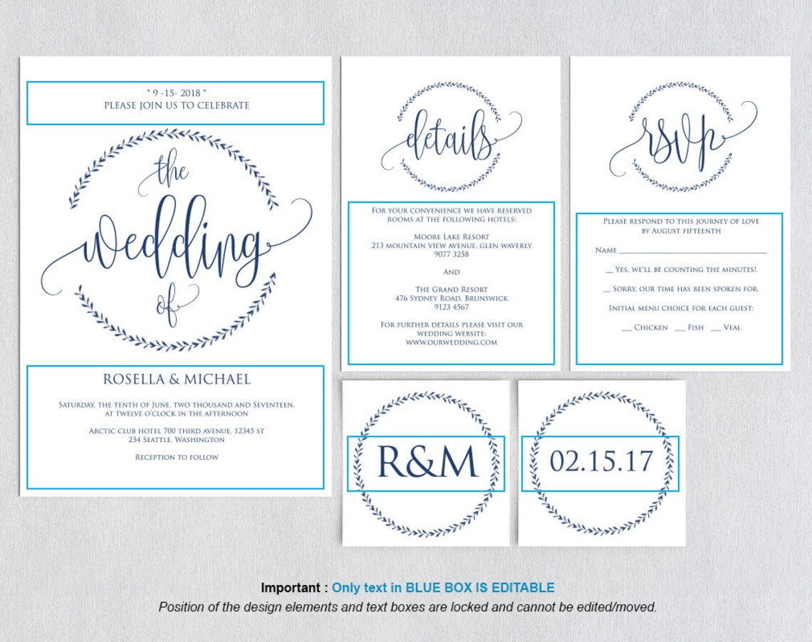 Navy Blue Wedding Invitation Template Wedding Invitation - Etsy