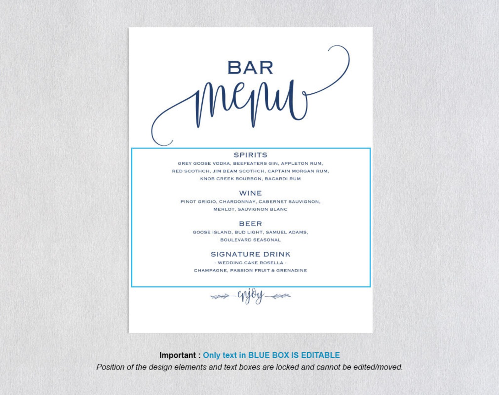 Navy Blue Bar Menu Templatebar Menubar Menu Printablebar - Etsy