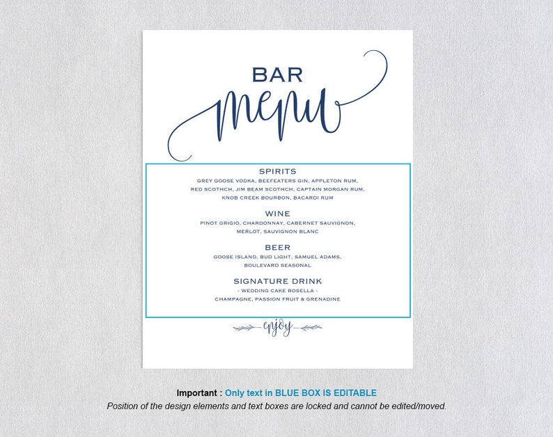 Navy Blue Bar Menu Templatebar Menubar Menu Printablebar - Etsy