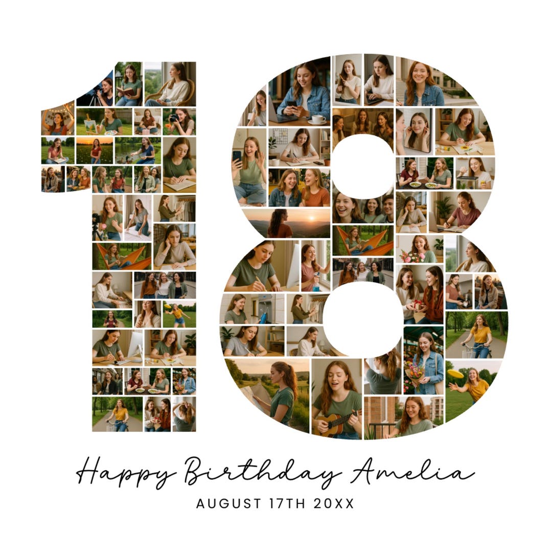18th Birthday Photo Collage Template, Canva Number 18 Picture Design ...