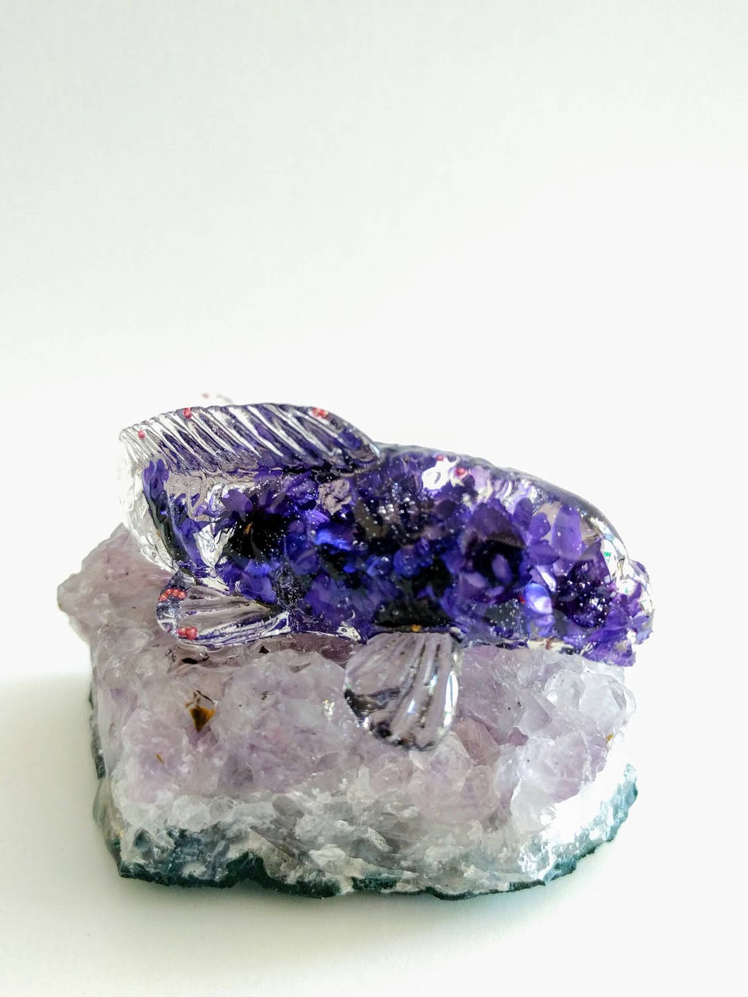 Blue Clear Resin Koi Golden Fish Statue on Real Purple Amethyst Cluster ...