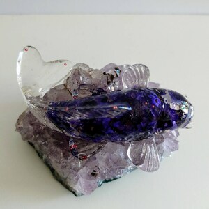 Blue Clear Resin Koi Golden Fish Statue on Real Purple Amethyst Cluster ...