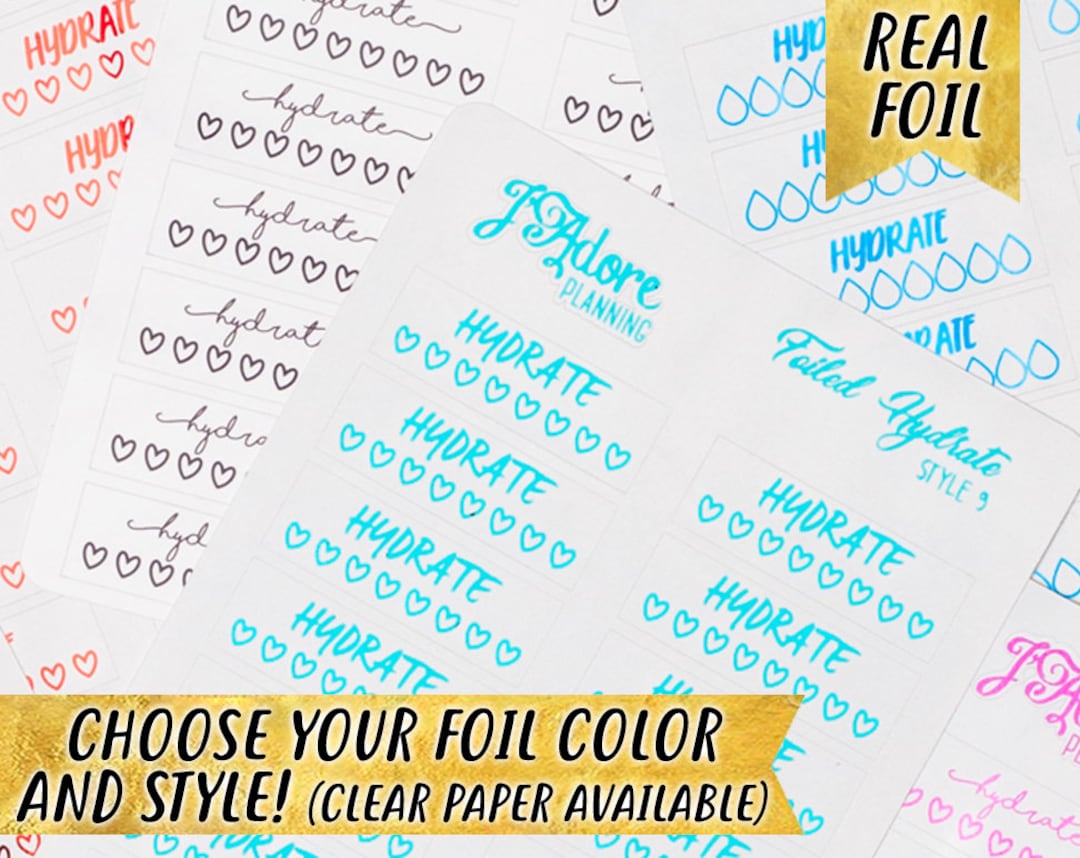 Foil Hydrate Stickers, Foiled Water Intake Stickers, Functional Planner ...