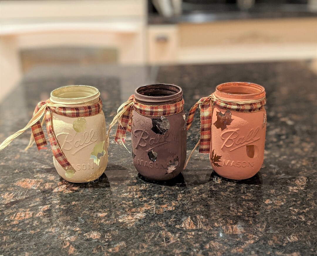 Autumn/fall Themed Mason Jars With Leaf Motif, Individual or Set of ...