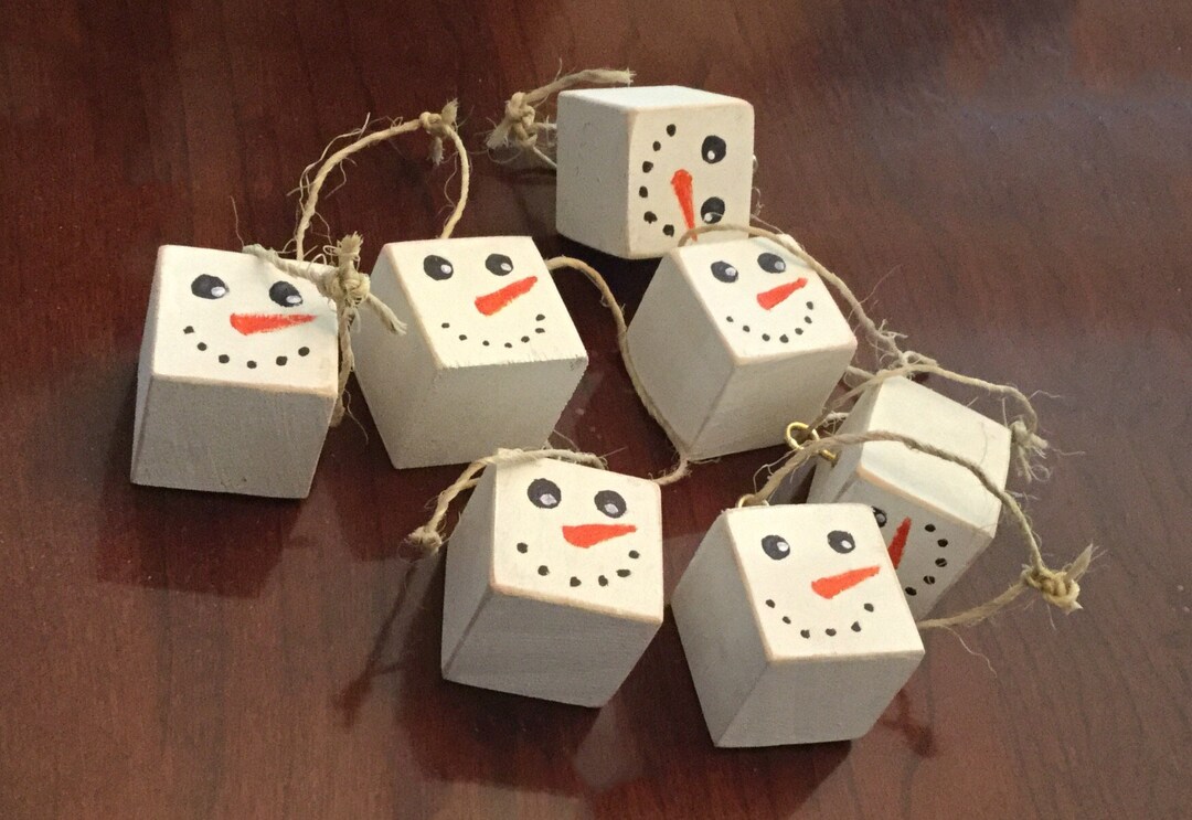 Hand Painted Snowman Block Christmas Tree Ornament, Shabby Chic ...